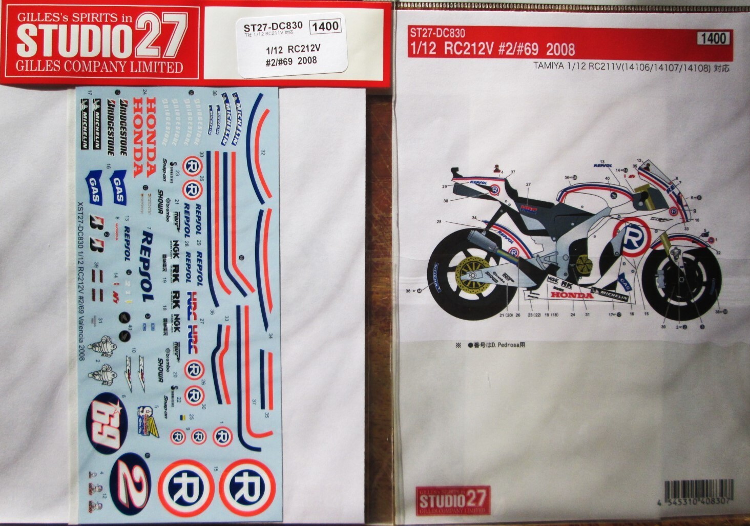 DECAL: 1/12 DC830 2008 HAYDEN/PEDROSA HONDA VALENCIA GP | eBay