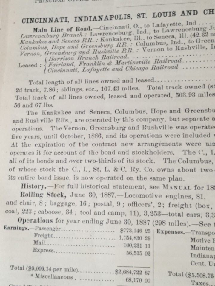 1888 train report CINCINNATI INDIANAPOLIS ST LOUIS & CHICAGO RAILWAY ...