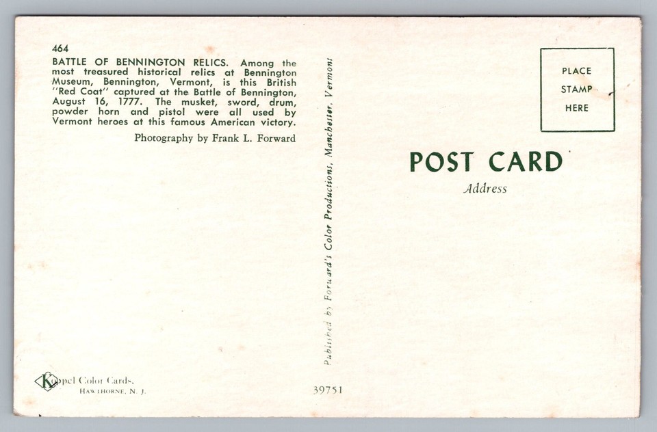 Postcard Battle of Bennington Museum Relics, Historical Red Coat Musket ...