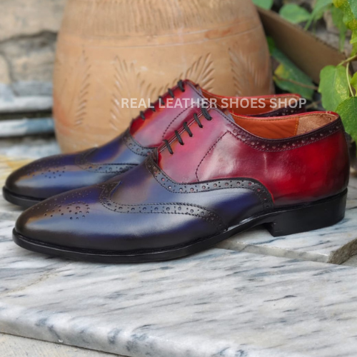 Bespoke Pure Handmade Blue and Red Leather Oxford Lace up Wingtip ...
