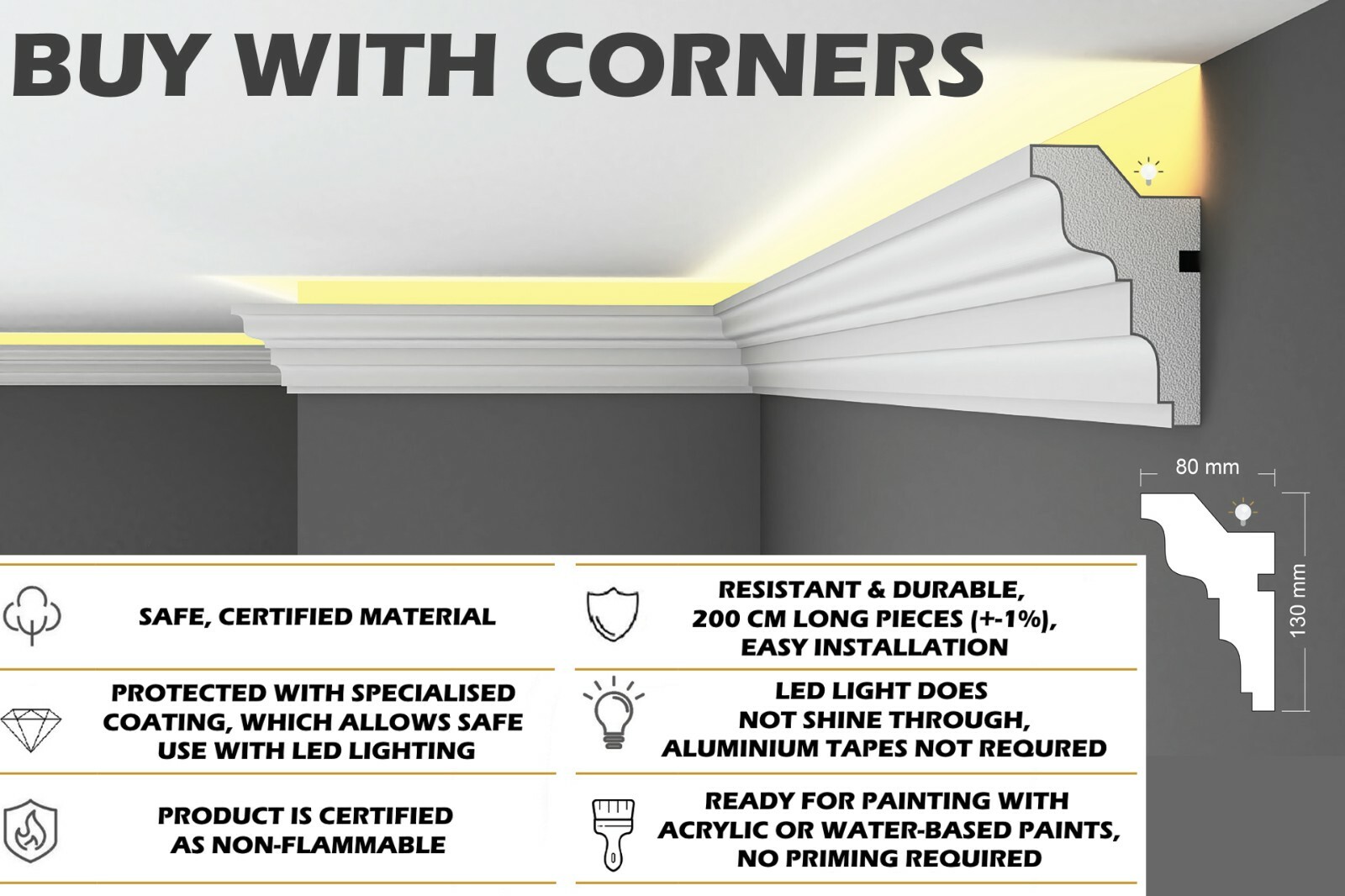 LED COVING Molding SGL9 130mm x 80mm Uplighting PLASTER COATED cornice ...