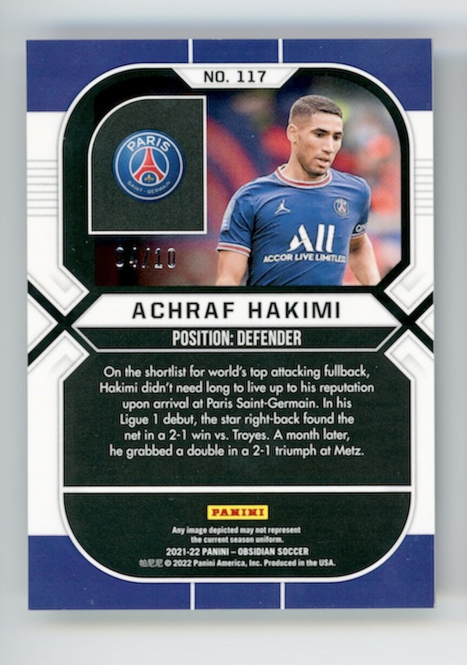 2021-22 Achraf Hakimi Panini Obsidian Yellow PSG Soccer Card 4/10 ...