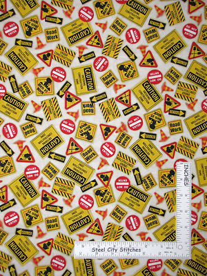 Construction Caution Cone Road Work Signs Ecru Cotton Fabric QT Dig It ...