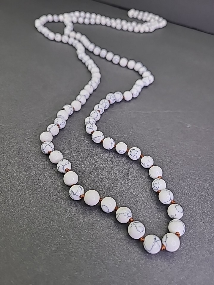 White Howlite Round Gemstone Single Knotted Strand Long Beaded Necklace ...