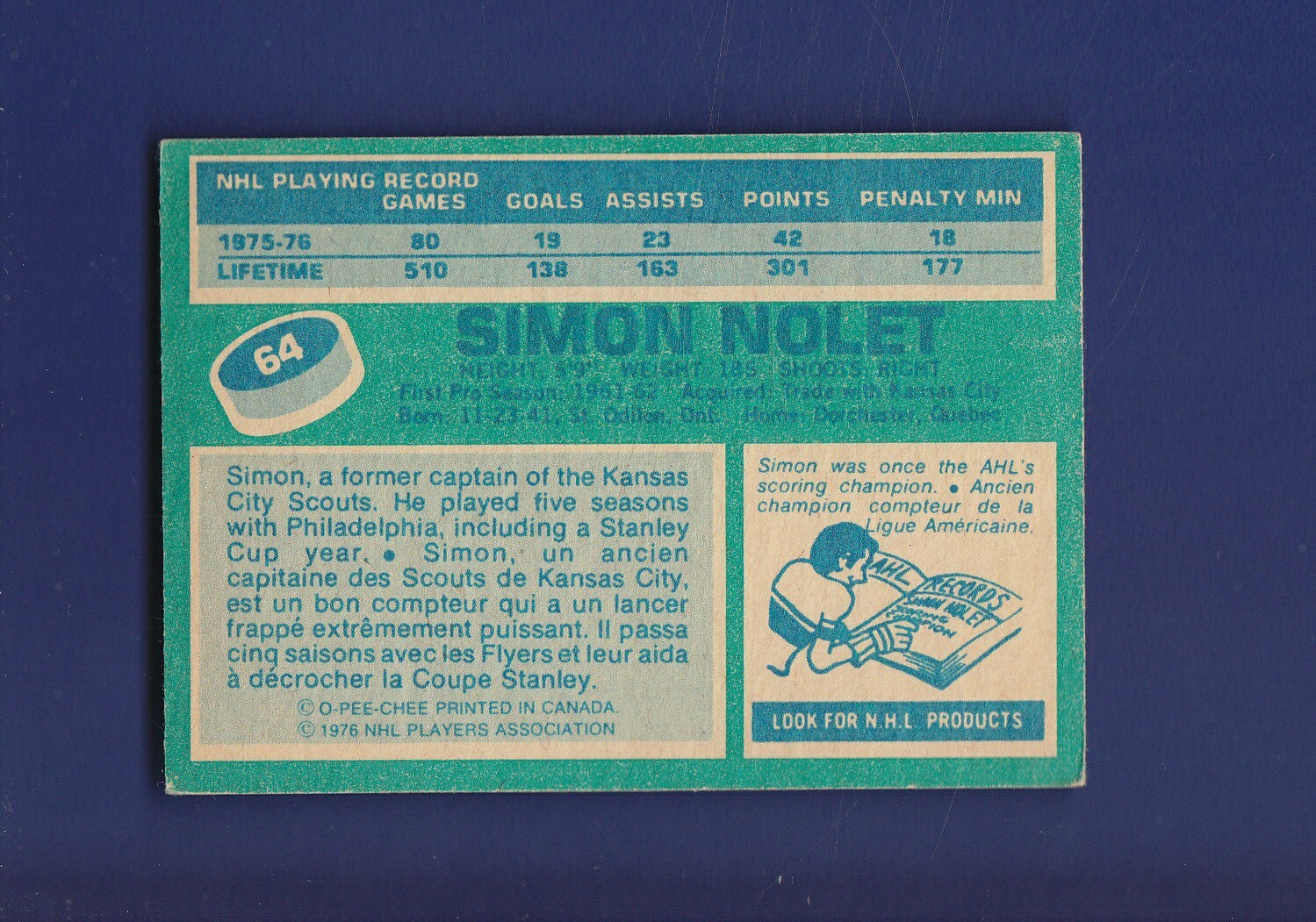 Simon Nolet 1976-77 O-PEE-CHEE OPC NHL Hockey #64 (EX) Colorado Rockies ...