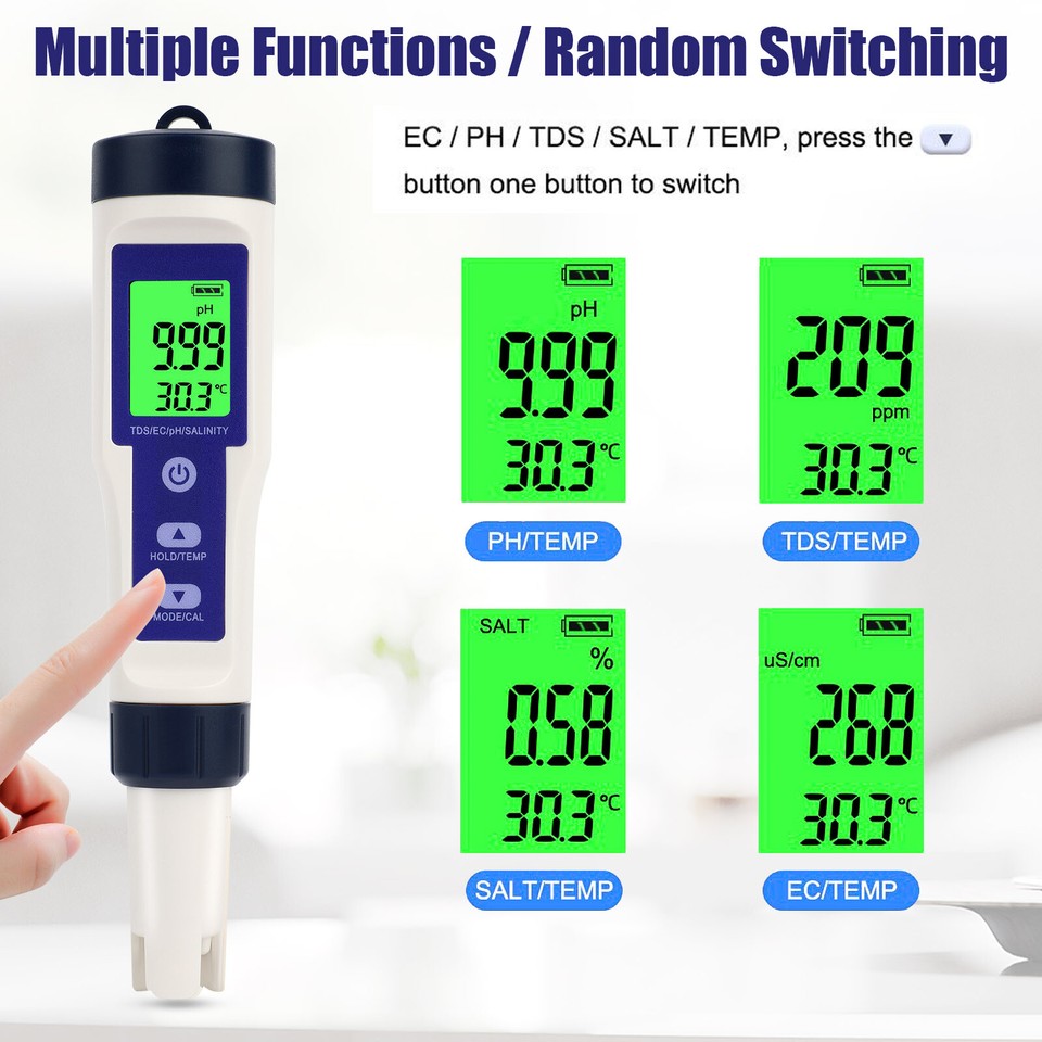 5 In 1 LCD Digital PH/TDS/EC/Salinity/Temperature Water Quality Meter ...