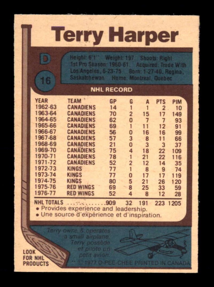 1977 O-Pee-Chee NHL #16 Terry Harper NM/NM+ X2910694 | eBay