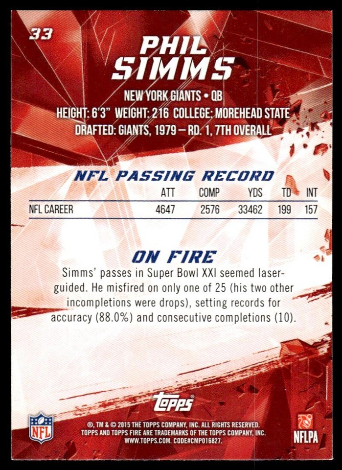 2015 Topps Fire 33 Phil Simms New York Giants Football Card | eBay