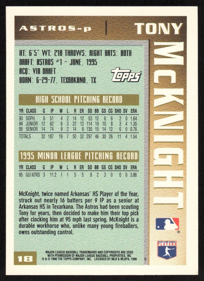 1996 Topps Draft Pick Tony McKnight #18 Houston Astros | eBay