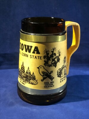 Vintage Iowa Brown Glass Mug Iowa Tall Corn State Wood Handle Wrapped ...