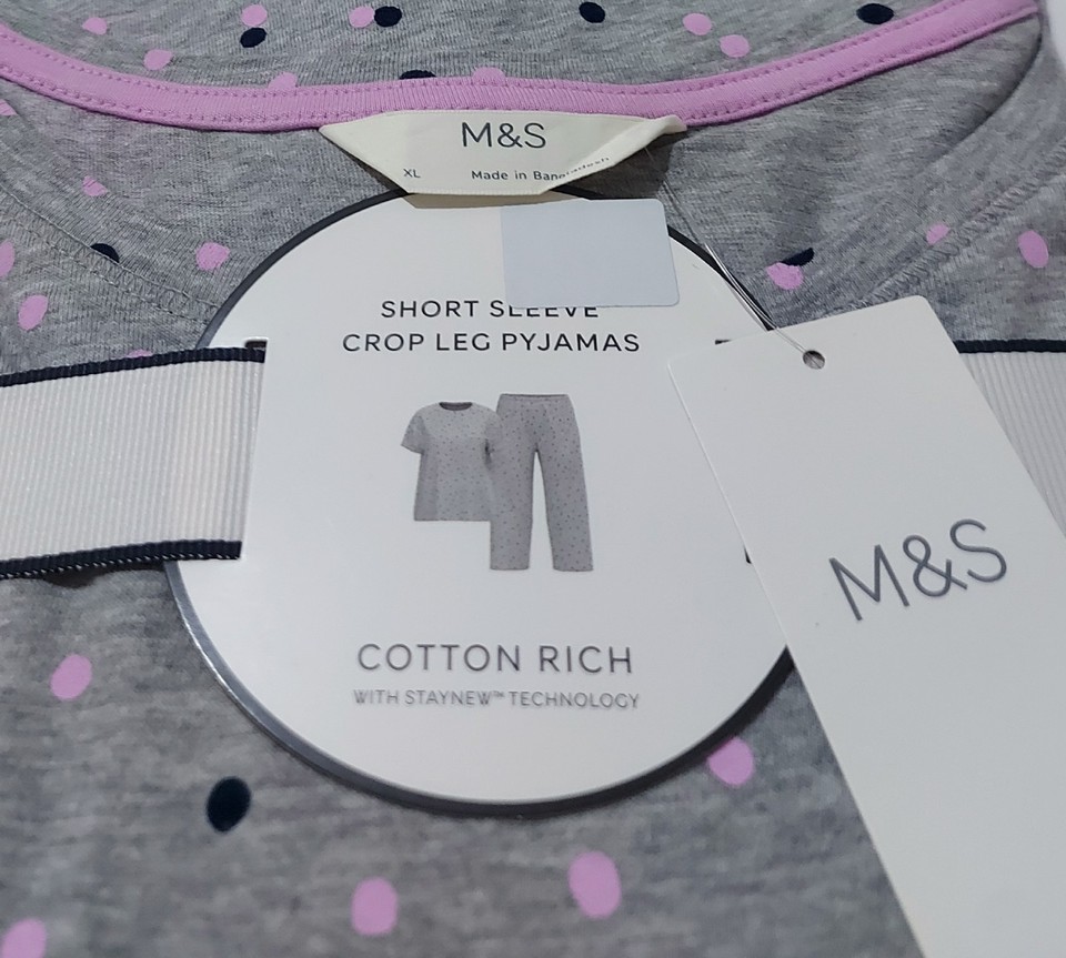 M&S Women's Cotton Rich Short Sleeve/ Crop Leg Pyjamas Grey marl Size ...