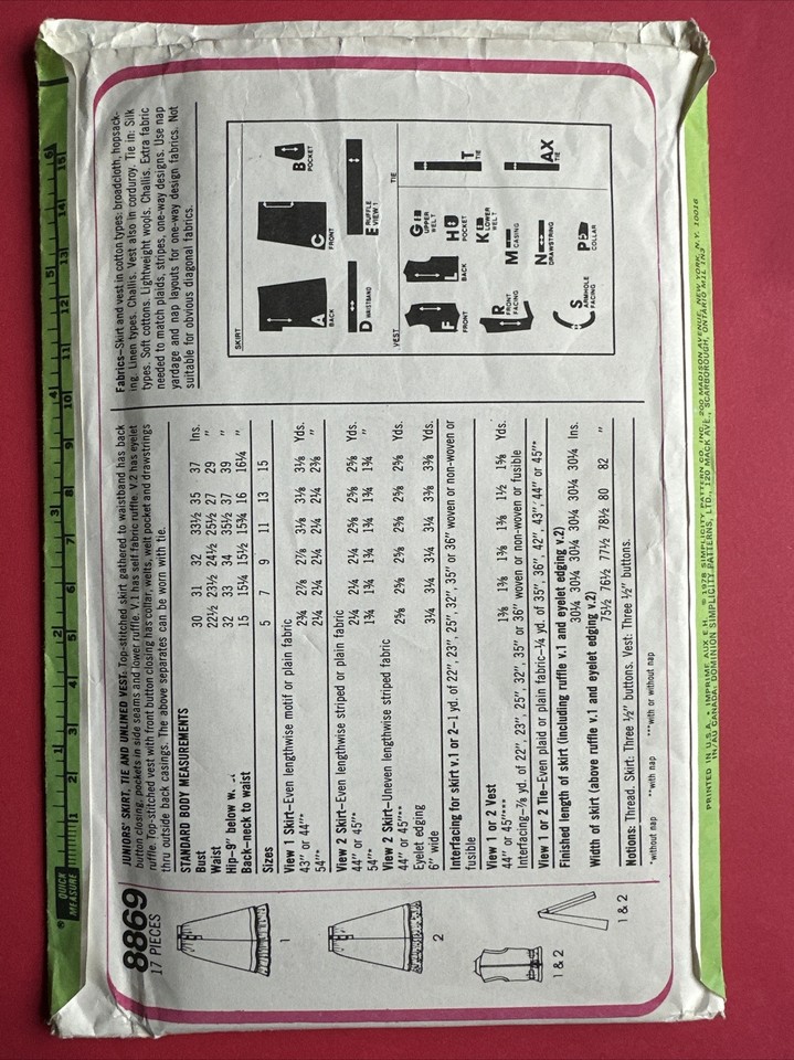 1970’s Gunne Sax Style Skirt Tie & Vest Junior 9 Sewing Pattern ...