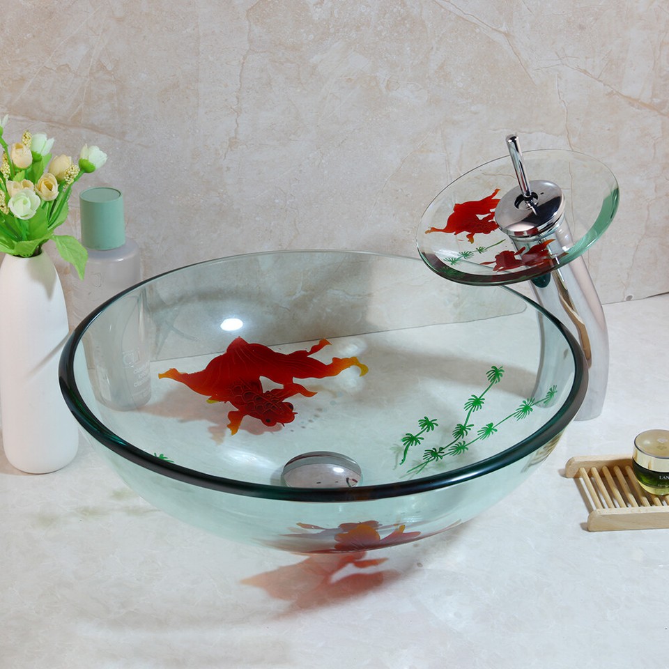 Bathroom Art Hand Painted Glass Basin Vanity Sink Bowl+Waterfall Faucet ...