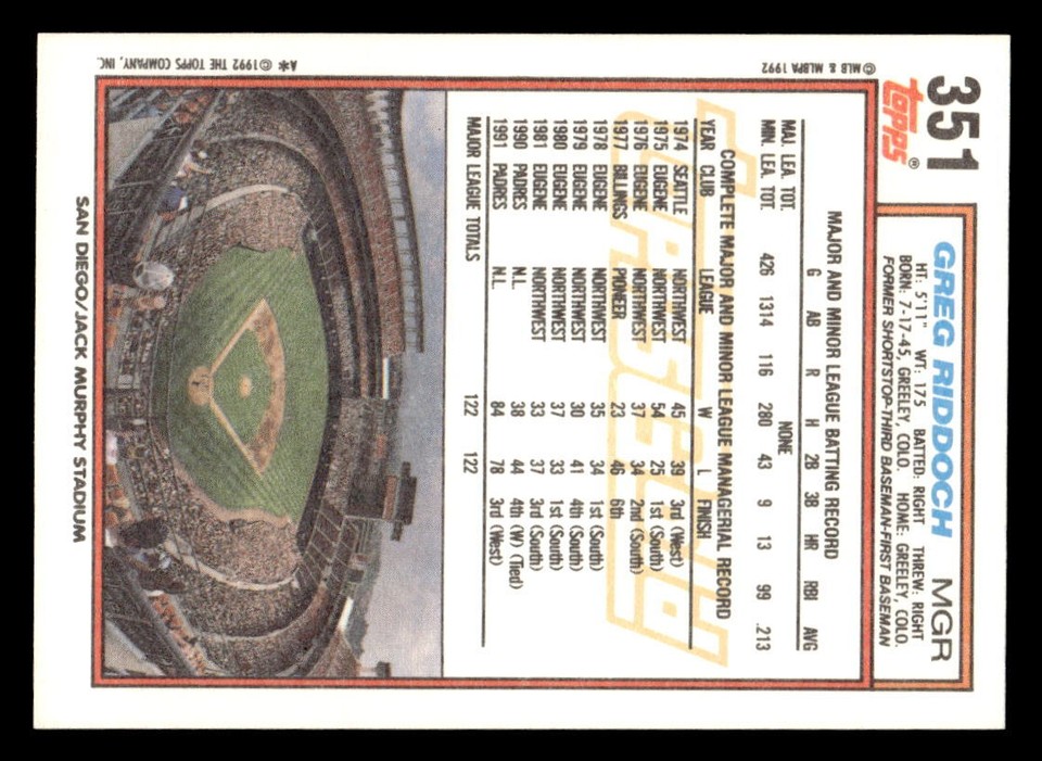 1992 Topps #351 Greg Riddoch | eBay