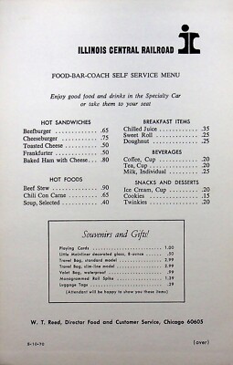 1970 ILLINOIS CENTRAL RAILROAD FOOD-BAR-COACH SELF SERVICE MENU - E11-H ...
