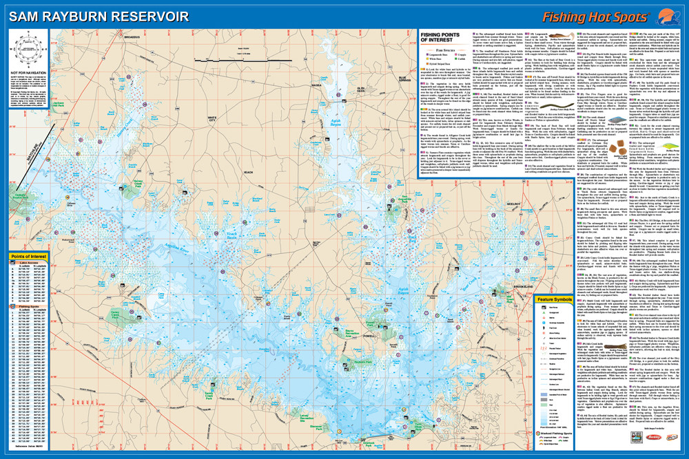 Sam Rayburn Reservoir Detailed Fishing Map, GPS Points, Waterproof # ...