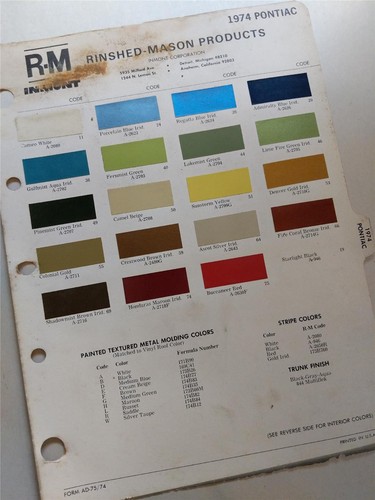 RM RINSHED MASON 1974 PONTIAC AUTOMOTIVE PAINT FINISH COLOR CHIP CHART ...