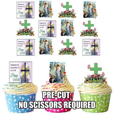 PRECUT Religious / Cross Easter Mix 12 Edible Cupcake Toppers Cake ...