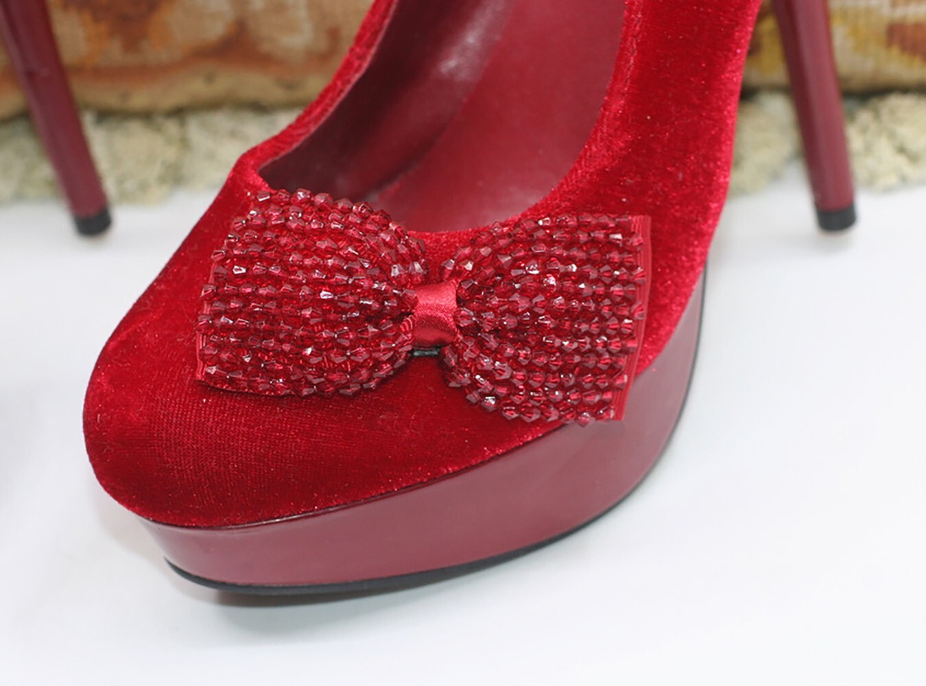 SPEED LIMIT 98 RED VELVET BOUDOIR PLATFORM STILETTO HIGH HEELS w/ SIDE ...