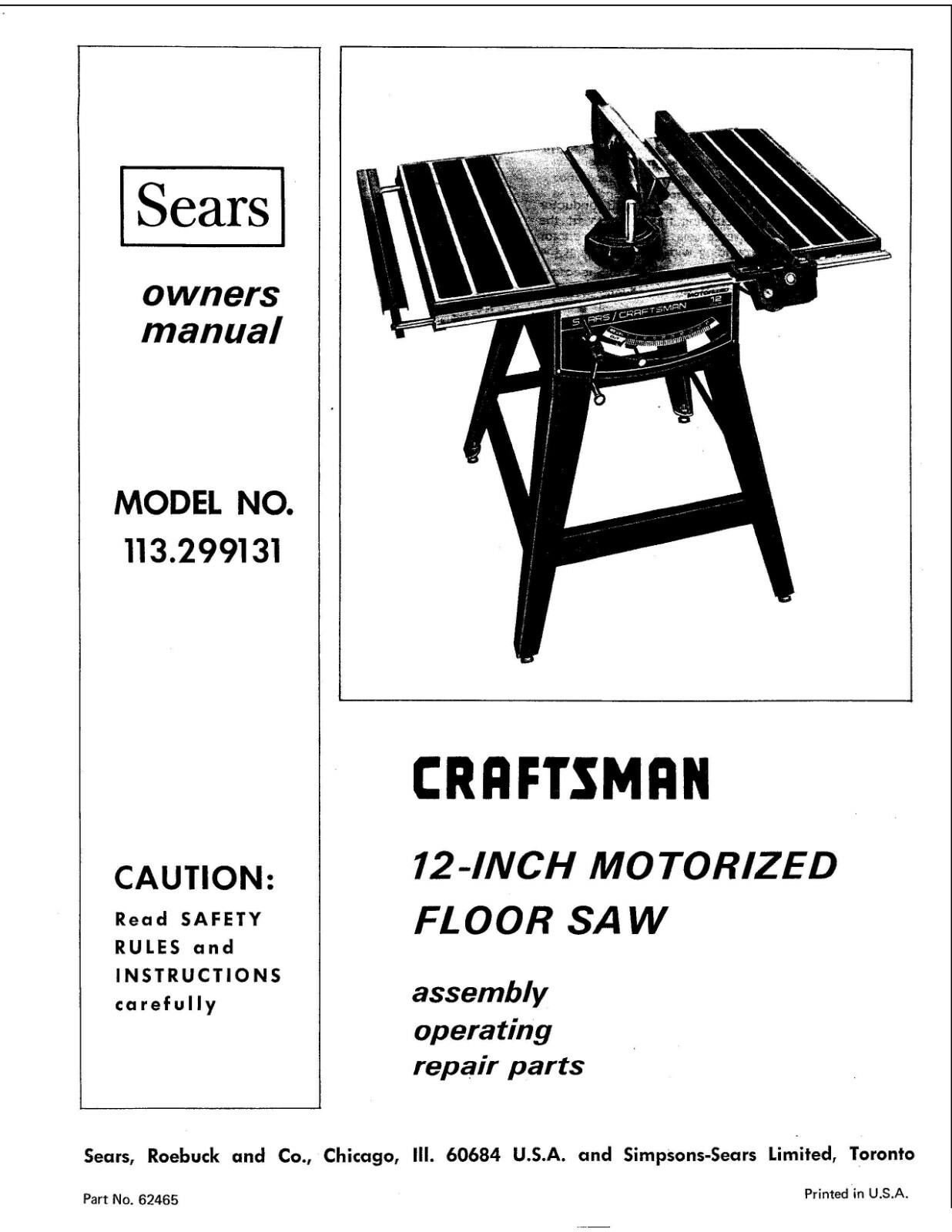 Table Saw Instructions Manual Fits 1973 Craftsman 12 inch No. 113. ...
