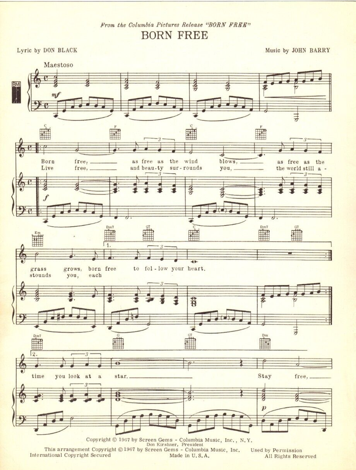 BORN FREE Music Sheet-1967-BLACK/BARRY-Vocal Plus Piano Solo-McKENNA ...