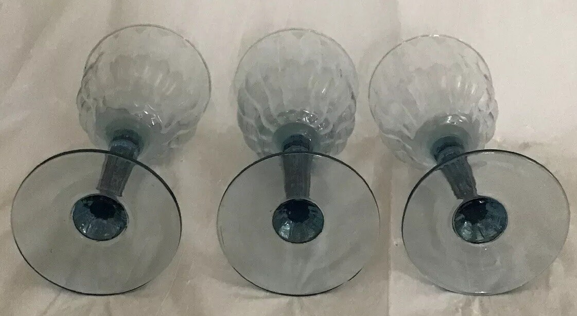 3 LIGHT BLUE WATER WINE GOBLET RIBBED GLASSES Beveled Stem Some Bubbles ...