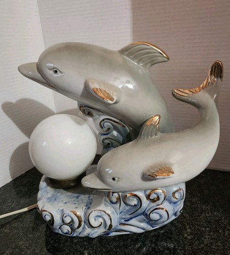 VINTAGE TWO DOLPHINS IN WAVES GOLDEN ACCENTS AND WHITE GLOBE TABLE ...
