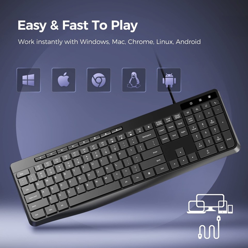 Wired Keyboard,Quiet Keyboard, Multimedia USB Computer Keyboard, Silent ...