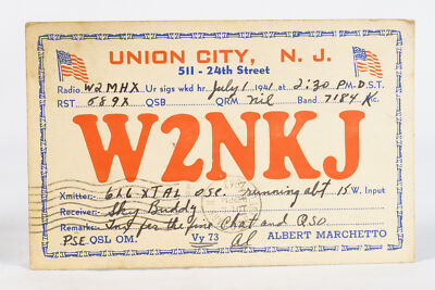 1941 Amateur Ham Radio QSL Card Union City NJ W2NKJ Albert Marchetto | eBay