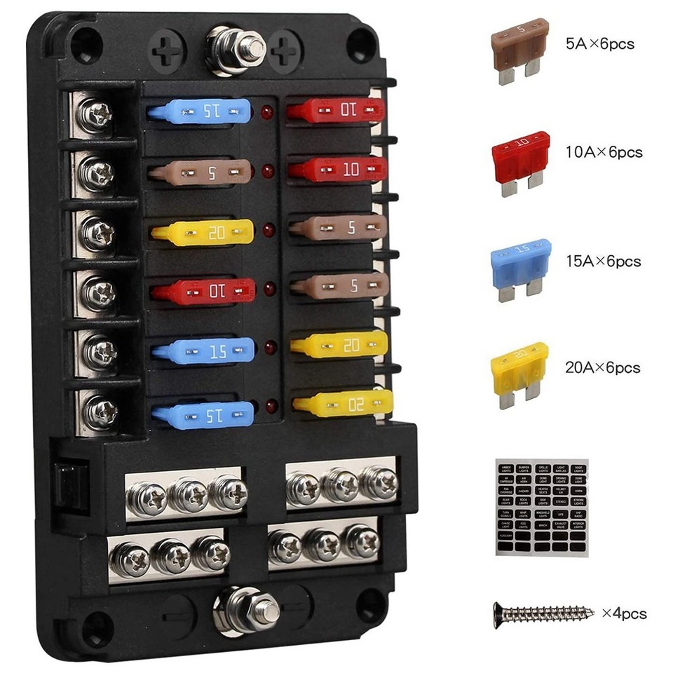 12V 12 Way Marine Fuse Fuse Panel with Ground & 12 Volt Fuse Box for ...