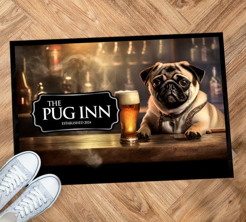Personalised Bar door mat - Pug Dog drinking beer 60 x 40 cm DDB02 ...