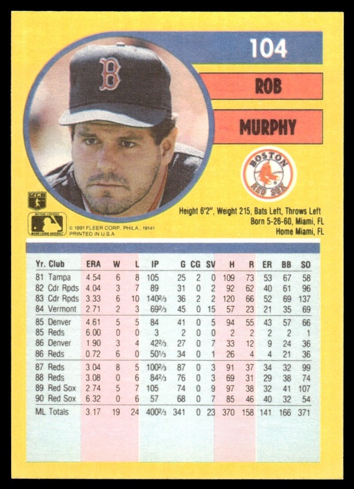 1991 Fleer Baseball Card Rob Murphy Boston Red Sox #104 | eBay