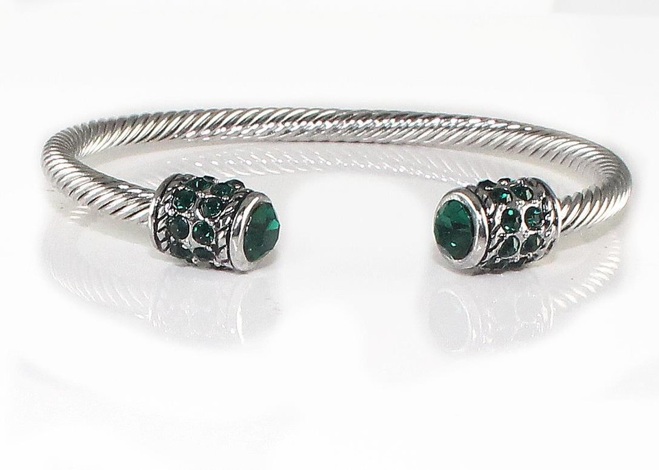 Emerald Green Rhinestone Crystal Cuff Bracelet Silver Bangle Wire | eBay