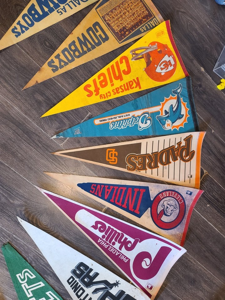 Huge Lot Of 28 Vintage Sports Pennants NFL MLB NBA Some Rare Aged ...