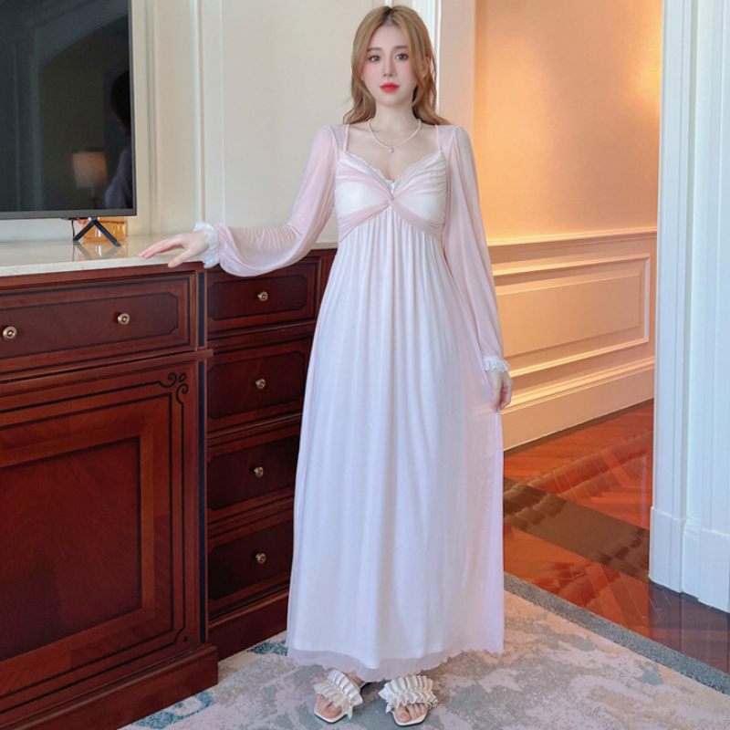 Women Mesh Nightdress Sleepwear Princess Nightie Lace Trim Nightgown ...