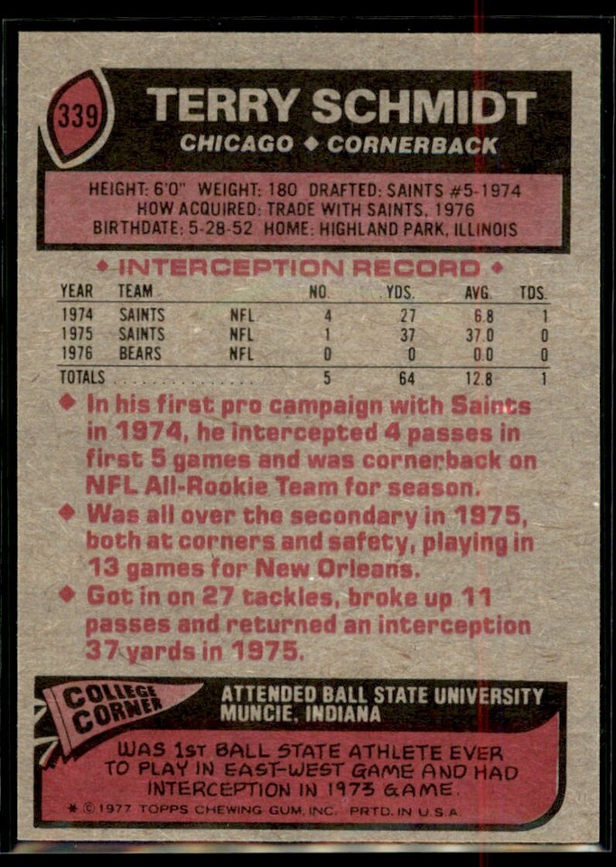 1977 Topps Terry Schmidt Chicago Bears #339 | eBay