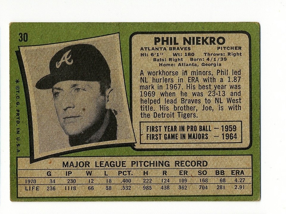 1971 TOPPS ATLANTA BRAVES PHIL NIEKRO #30 VG-EX CREAS HALL OF FAME | eBay