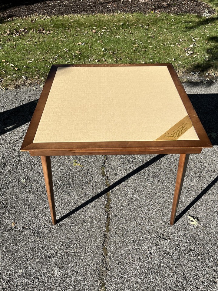 Vintage Mid Century Modern MCM Stakmore Folding Card Table Beige Vinyl ...