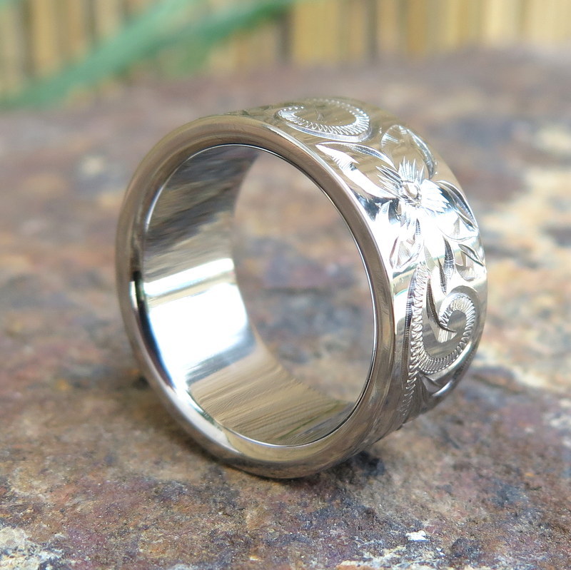 Hawaii Design Jewelry Titanium Flower Scrolling Wedding Ring Band 10mm ...