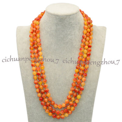 3 Rows 10mm Orange Red Multicolor Chalcedony Round Beads Gems Necklace ...