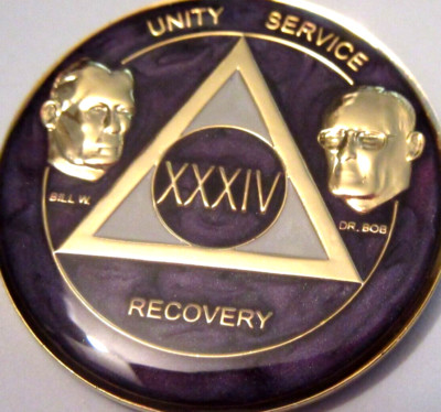 Alcoholics Anonymous Purple White gold 34 Year AA Medallion Sober Bill ...