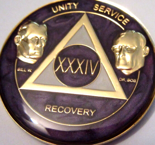 Alcoholics Anonymous Purple White gold 34 Year AA Medallion Sober Bill ...