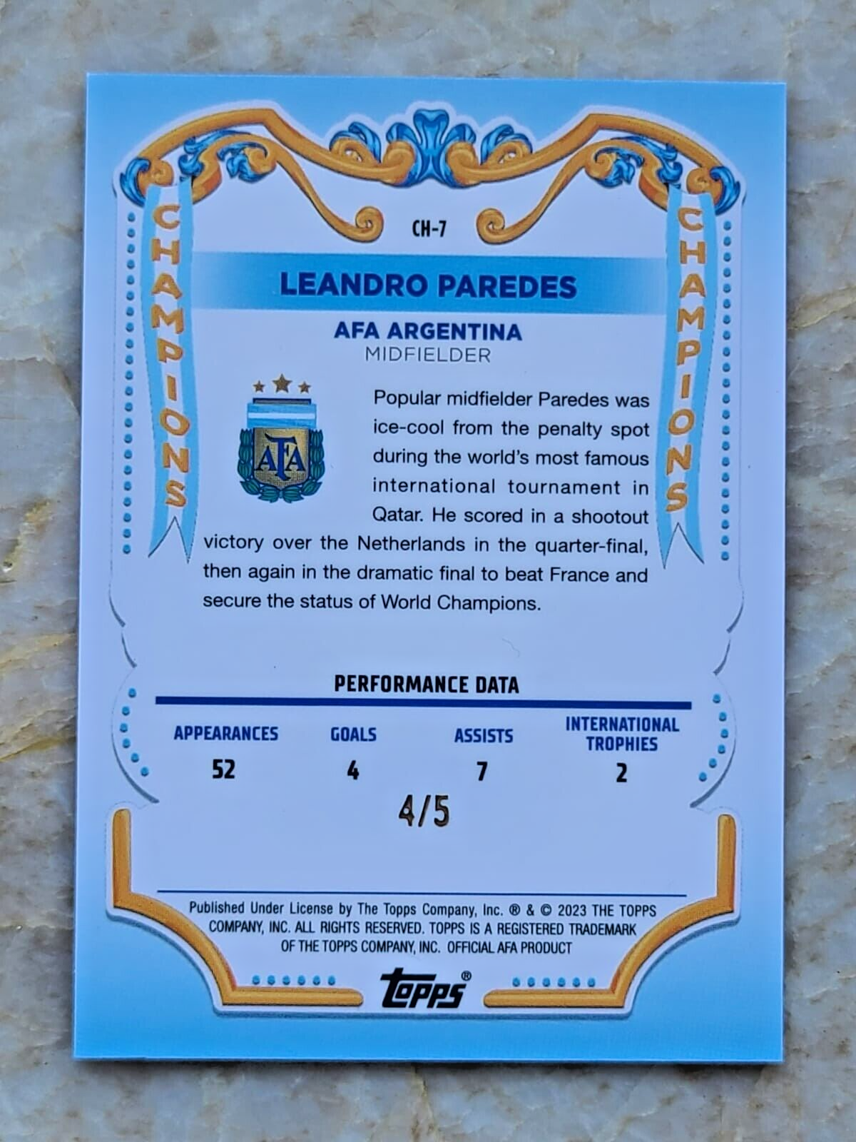 2023 Topps Argentina Fileteado Leandro Paredes RED 4/5 Champions SSP # ...