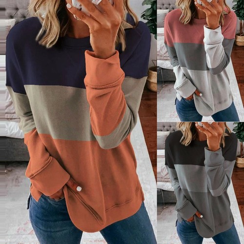 Women Casual Long Sleeve Colorblock T Shirt Blouse Loose Pullover Tunic ...