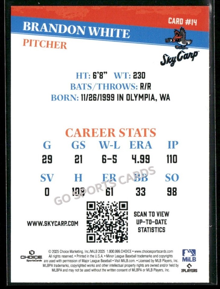 2025 Beloit Sky Carp Brandon White RC Rookie Miami Marlins Minor League ...