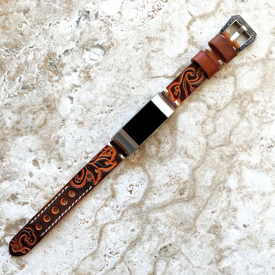 Brown and Orange Embossed Handmade Leather Watch Band Strap for Fitbit ...