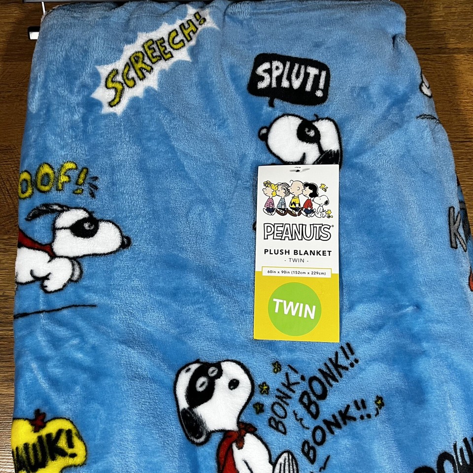 PEANUTS Snoopy TWIN Blanket 60”x90” Bonk Bonk Rowf Splut Superhero Blue ...