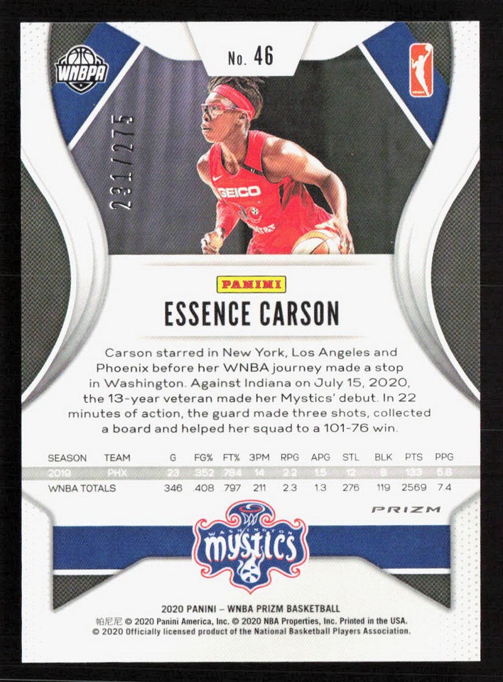 2020 Panini Prizm WNBA Essence Carson Red /275 #46 Washington Mystics ...
