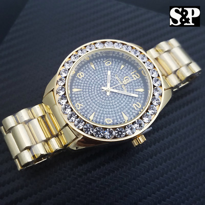 MENS ICED GOLD PT CAPTAIN BLING HIP HOP BIG CZ STONES BLACK DIAL WRIST ...