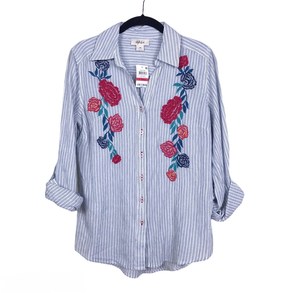 NWT Style & Co. Shirt Women’s Size XS Blue Floral Embroidered Tab ...